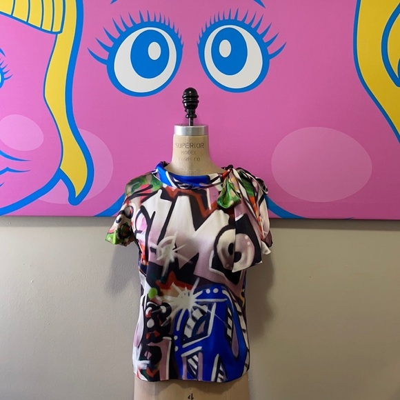 Moschino | Tops | Moschino Graffiti Silk Satin Blouse | Poshmark
